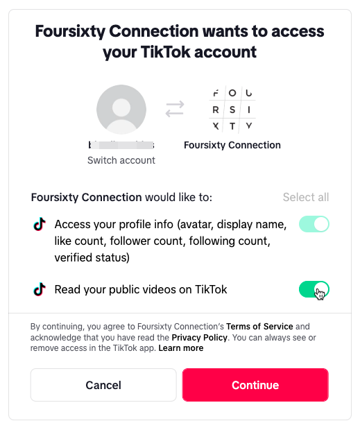 How do I connect TikTok in the Foursixty Dashboard?